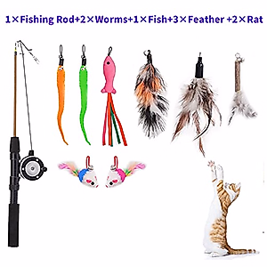 Whefory Retractable Cat Teaser Wand Toy, Cat Toys for Indoor Outdoor Cats Interactive Fishing Rod with 8 Pcs Refills Feather Toy, Plush Mouse Caterpillar & Fish