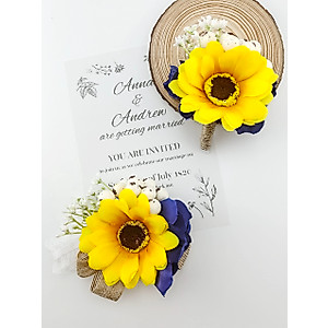 Ciandid Sunflower Wrist Corsage and Boutonniere Set for Wedding, 3PC Groom Boutonniere & 3PC Bride Wrist Corsage Wristlet Band Bracelet Artificial Flower for Wedding Ceremony Party Prom