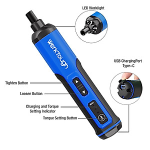 Werktough 4V Mini Electric Cordless Screwdriver with 3-Gear Torque 5Nm Power 25pc Screwdriver Bits S2 LED Light USB Charging Home Improvement S026