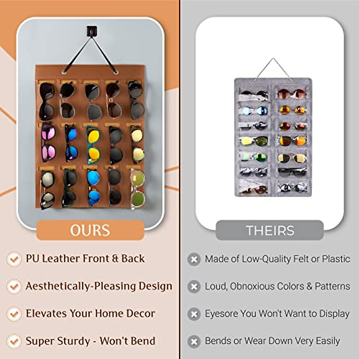 Sunnies Spot! Leather Hanging Glasses Sunglass Wall Holder Organizer With 15 Storage Slots (Brown)