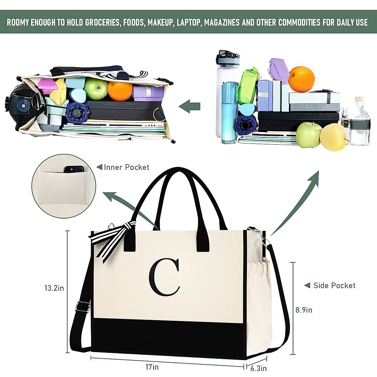 QLOVEA Canvas Beach Tote Bag for Women 16oz Personalized Tote Bag with Shoulder Strap&Zipper&Pockets, Embroidery Initial Canvas Bag for Bridal Shower Hostess Birthday Female Friend Letter H