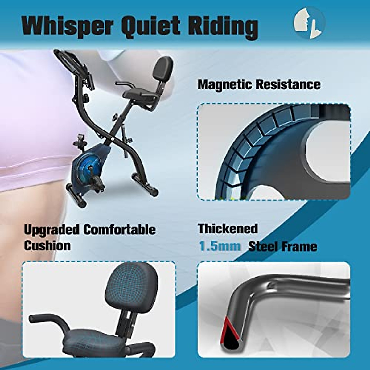 Folding Exercise Bikes DISPANK 3-in-1 X-Bike Indoor Portable Exercise Bikes, Sturdy Foldable Stationary Bike with Automatic Springback Arm Resistance Band and Backrest, 10-Level Resistance for Men, Women and Seniors