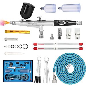 Airbrush Kit, Dual-Action Gravity Airbrush Gun with 0.2mm/0.3mm/0.5mm Needles, 10cc/20cc/40cc Paint Cup, Air Hose and Airbrush Cleaning Kit for Painting Nails Cake Tattoo (Black)