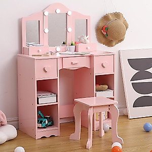 GarveeHome Kids Vanity with Lights,2 in 1 Wooden Princess Makeup Desk Dressing Table,Girls Vanity Table with Mirror, Light,Stool & Drawer,Toddler Vanity,Pretend Play Vanity Set for Little Girls