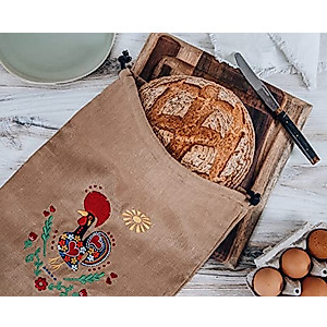 Artisan Linen Bread Bags, Embroidered Set of 2 Large Reusable Bread Bags for Homemade Bread with Drawstring - Gifts for Bakers - Rooster Gifts for Women