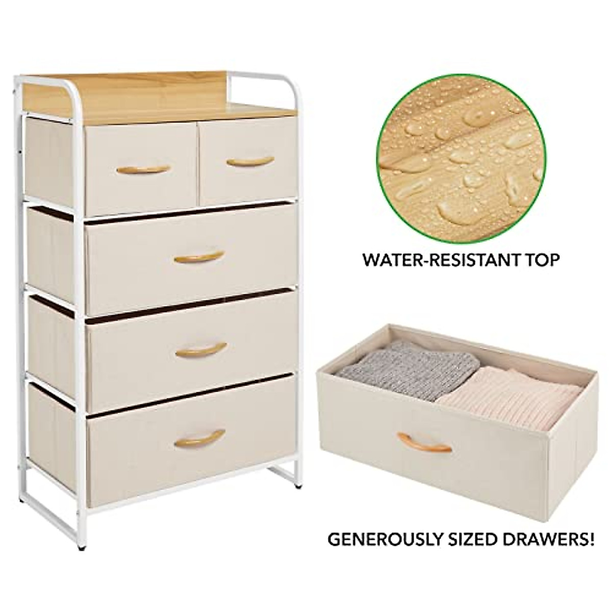 mDesign Tall Dresser Storage Chest - Vanity Furniture Cabinet Tower Unit for Bedroom, Office, and Closet - Textured Print - 5 Removable Drawers - Cream/White