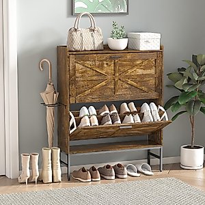 RKVPCNE Shoe Cabinet with 2 Flip Drawers Narrow Shoes Storage Cabinet with 1 Boot Rack Flip Down Shoe Closet Shoe Organizer for Entryway Foyer Hallway (Rustic Brown)