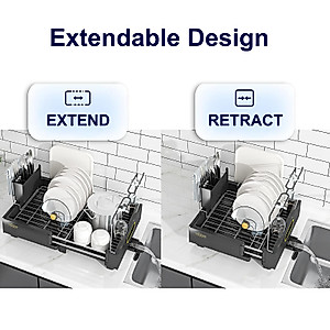 Dish Drying Rack, Large Capacity Kitchen Counter Dish Rack, Auto-Drain Expandable(13.5"-22") Anti-Rust Stainless steels Dish Strainer with Drainboard, Wine Glass Holder and Utensil Holder, Black