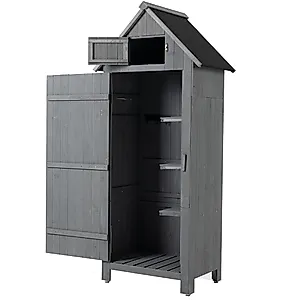 ItWorths Outdoor Storage Cabinet with Doors and Shelves, Lockable Wooden Tool Storage Shed with Waterproof Roof, All Weather Outside Shed Closet for Garden Patio Yard Garage, 3 Removable Shelves, Grey