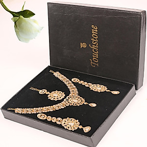 Touchstone Indian Bollywood Contemporary Fabulous Style Definition Rhinestone Designer Jewelry Wedding Necklace Set In Gold Tone For Women.