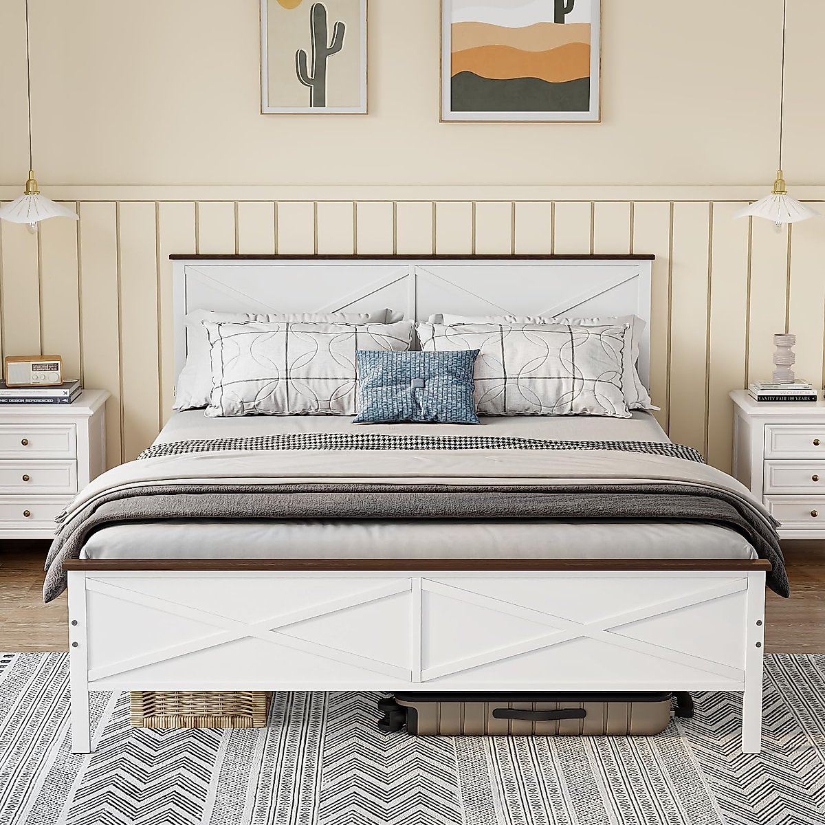 VOPEAK Farmhouse Queen Bed Frame with Headboard and Footboard, Bed Frame Queen Size Metal Platform with Under Bed Storage, Noise Free, No Box Spring Needed, Easy to Install, Sturdy & Stable, White