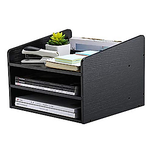 PAG Wood Desktop File Organizer Mail Sorter Magazine Rack Paper Holder Telephone Stand with Adjustable Drawer, Black