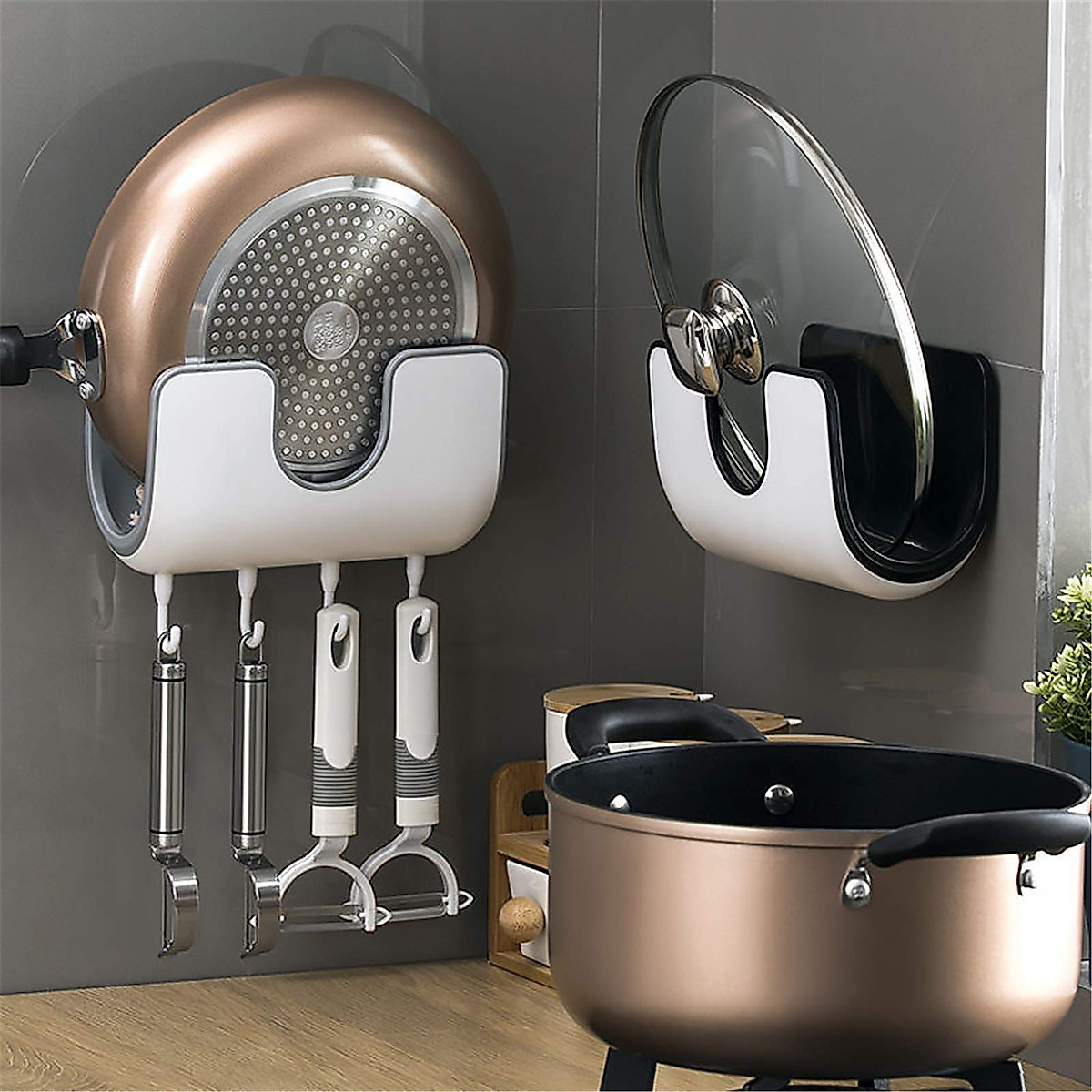 Guanniao Wall Mounted Pot Lid Rack With Four Hooks Self Adhesive Pot Lid Holder Abs Material Pot Lid Organizer