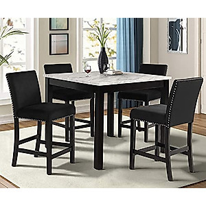 New Classic Furniture Celeste Faux Marble Counter Dining Table with Four Chairs, 5-Piece, Black