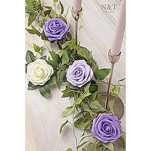 N&T NIETING Purple Roses Artificial Flowers 25Pcs Fake Flowers Foam Roses with Stems for DIY Wedding Bridesmaid Bridal Bouquets Centerpieces Party Home Decoration Baby Shower, Series Purple