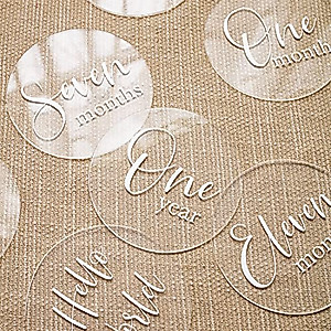 UNIQOOO Acrylic Monthly Baby Milestone Printed Cards, Photo Props, Baby Growth Photography, Round 13 Discs (One Month to One Year & Hello World Card, 4 inches, Clear)