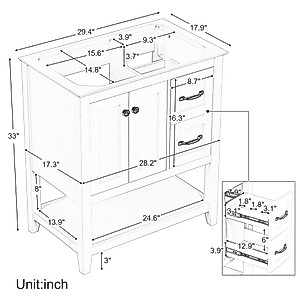 Ataucjin 30" Bathroom Vanity with Ceramic Sink Top, Solid Wood Bathroom Storage Cabinet Bath Vanity with Two Tiers Drawer and Soft Closing Doors（Delivery in Two Boxes）