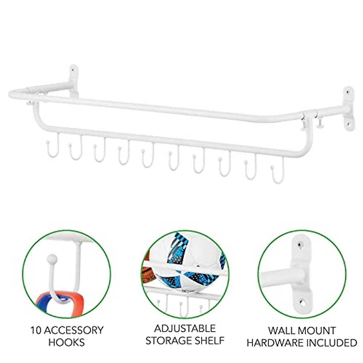 mDesign Metal Wall Mount Equipment Storage Rack and Organizer for Garage Organization; 10 Heavy Duty Accessory Hooks, Overhead Storage Space; Holds Sports Equipment; Garden and Lawn Tools - White