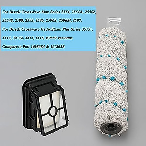 Lemige 3 Pack Replacement Brushes and Filters for Bissell CrossWave Max 2554 2590 2593 2596 for HydroSteam Plus 35151 3515 35152 3513 3518 Vacuums, Part 1618638, 1608684
