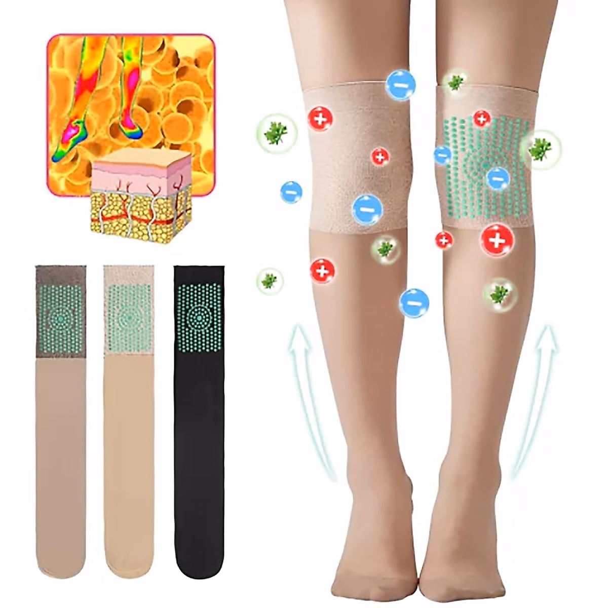 Ionic Correction Lymphatic Detoxification Long Tube Silk Stockings, Thigh Massager Socks, Compression Boots Socks (3pairs (Skin Color, Black, Brown))