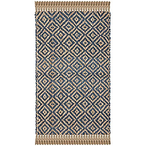 SAFAVIEH Natural Fiber Collection Accent Rug - 3' x 5', Tropical Blue & Natural, Handmade Boho Diamond Tassel Jute, Ideal for High Traffic Areas in Entryway, Living Room, Bedroom (NF266D)