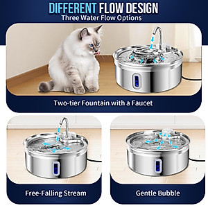 SlowTon Cat Water Fountain Stainless Steel - 3.2L/108oz Large Quite Pet Fountain, Automatic Cat Fountain Dog Water Dispenser with Water Level Window and Replacement Filters, Suitable for Cats, Dogs