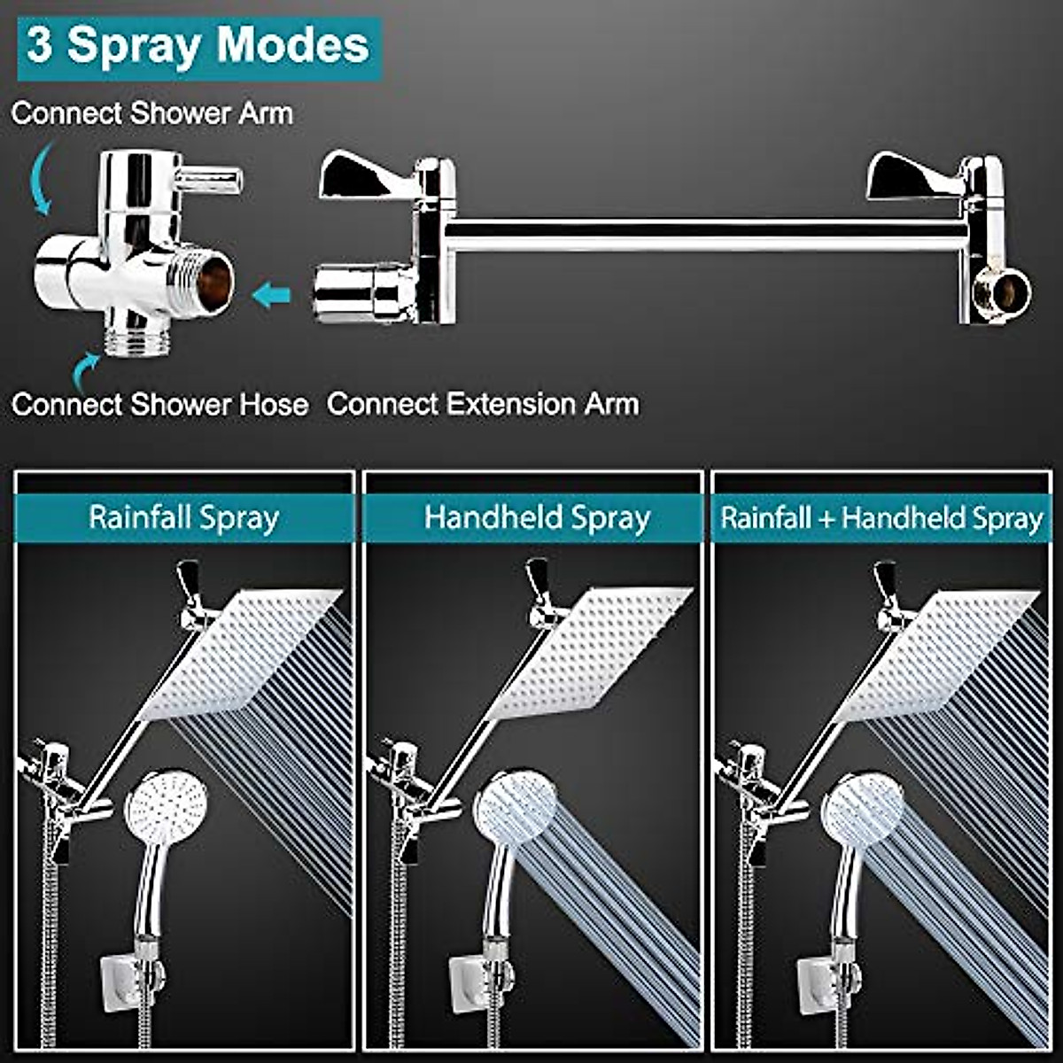 8'' High Pressure Rainfall Shower Head/Handheld Shower Combo with 11'' Extension Arm, Height/Angle Adjustable, Stainless Steel Bath Shower Head with Holder, 1.5M Hose, Chrome, 4 Hooks