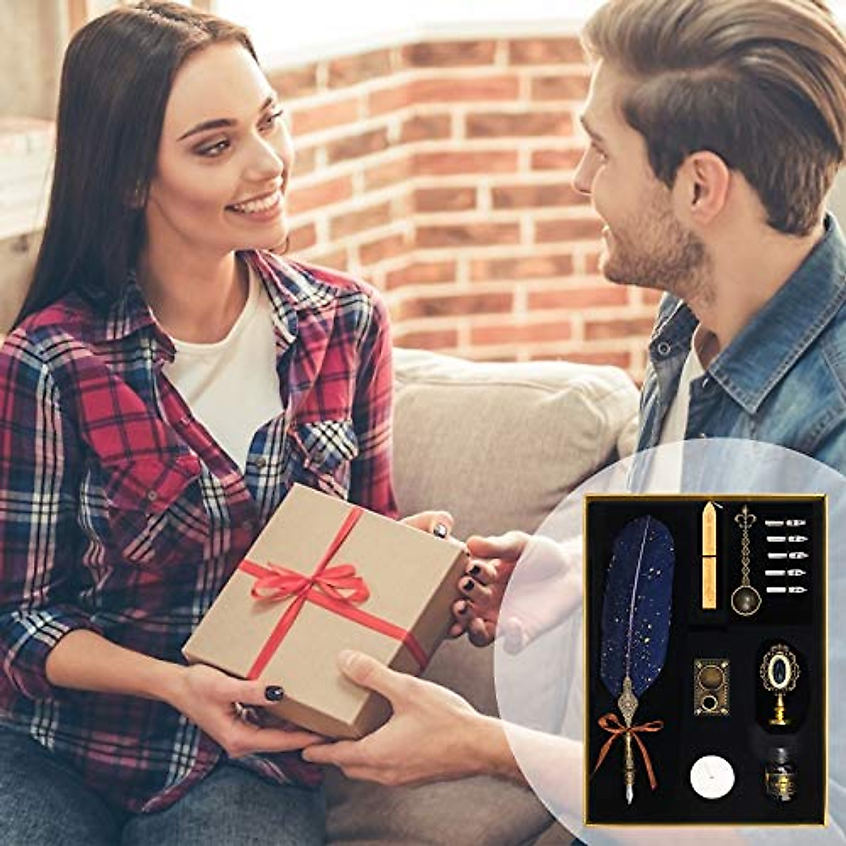 AngleKai Quill Pen and Ink Set, Calligraphy Feather Pen Set with Wax Seal Stamp, Ink, and Wax Seal Sticks, Replacement Nibs, Spoon, Envelope Letter Paper, White Wax, Antique Quills for Gift (Blue)