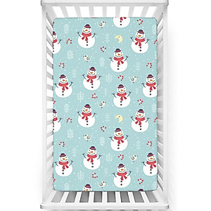 Snowman Themed Fitted Crib Sheet,Standard Crib Mattress Fitted Sheet Soft and Breathable Bed Sheets -Baby Crib Sheets for Girl or Boy,28“ x52“,Pale Blue Grey and Multicolor