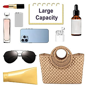 QTKJ Women Summer Retro Straw Bag with Zip Hand-woven Beach Handbag Top Round Handle Boho Tote Bag Shopping and Travel Large Bag (Khaki)