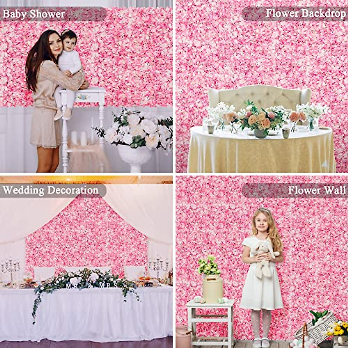 Flower Wall Panel Set, U'Artliens Artificial Wall Flower Backdrop 24x16 Inch 3D Silk Hydrangea Rose Floral Panel for Photo Background Home Party Wedding Backdrop Decoration (2pcs, Pink)