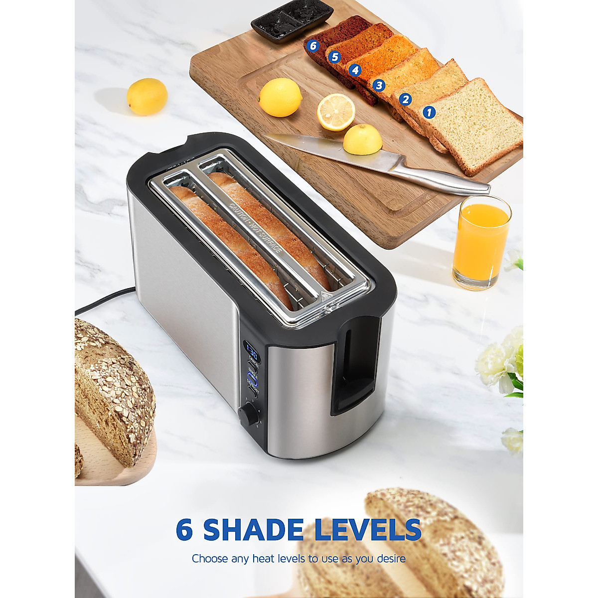 DyBaxa Stainless Steel Toaster 4 Slice Smart LED, Toaster 2 Slice Long Slot, 4 Slice Toaster Wide Slot for Bagel Sourdough Artisan Croissant Muffin, 6 Browning Control, Warming Rack, Crumb Tray