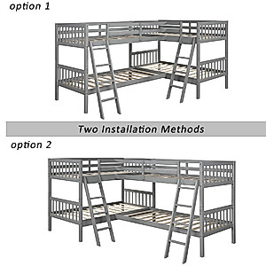 P PURLOVE Twin Over Twin Bunk Bed, L-Shaped Twin Size Bunk Bed Frame Wood Slat Support No Box Spring Needed (Gray)