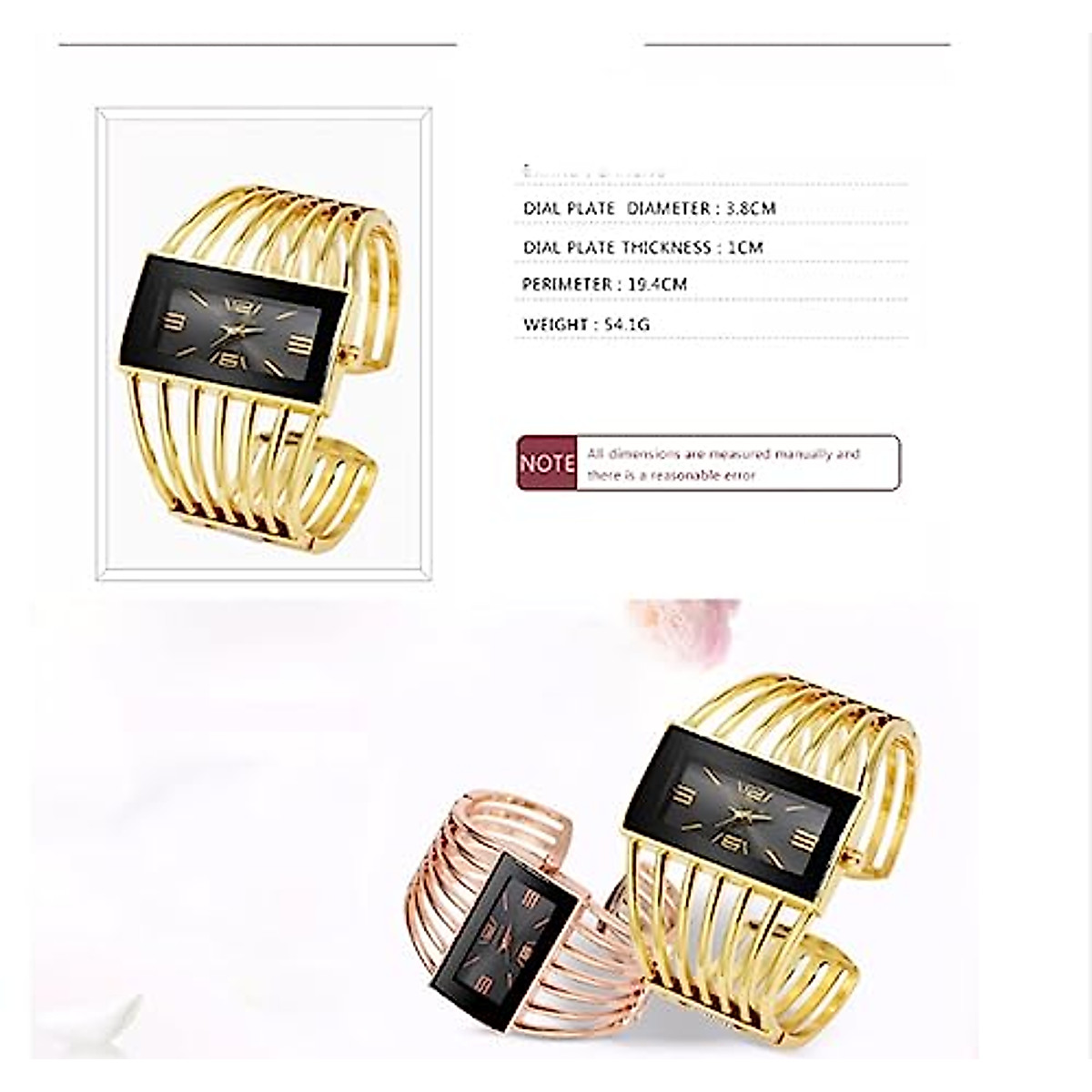 SENRUD Fashion Cuff Bracelet Watches for Women Luxury Rectangular Dial Analog Quartz Wrist Watch Gifts for Ladies (Gold Black)