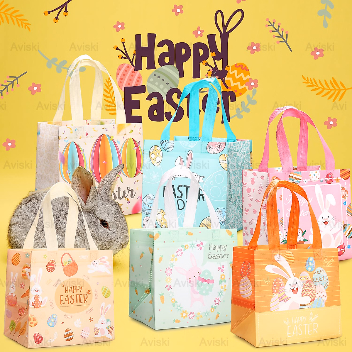 6PCS Happy Easter Egg Hunt Bags Easter Bunny Carrot Chick Egg Gift Bags with Handles, Easter Treat Bags, Multifunctional Non-Woven Easter Bags for Gifts Wrapping, Egg Hunt Game, Easter Party Supplies , 8.3×7.9×5.9inch
