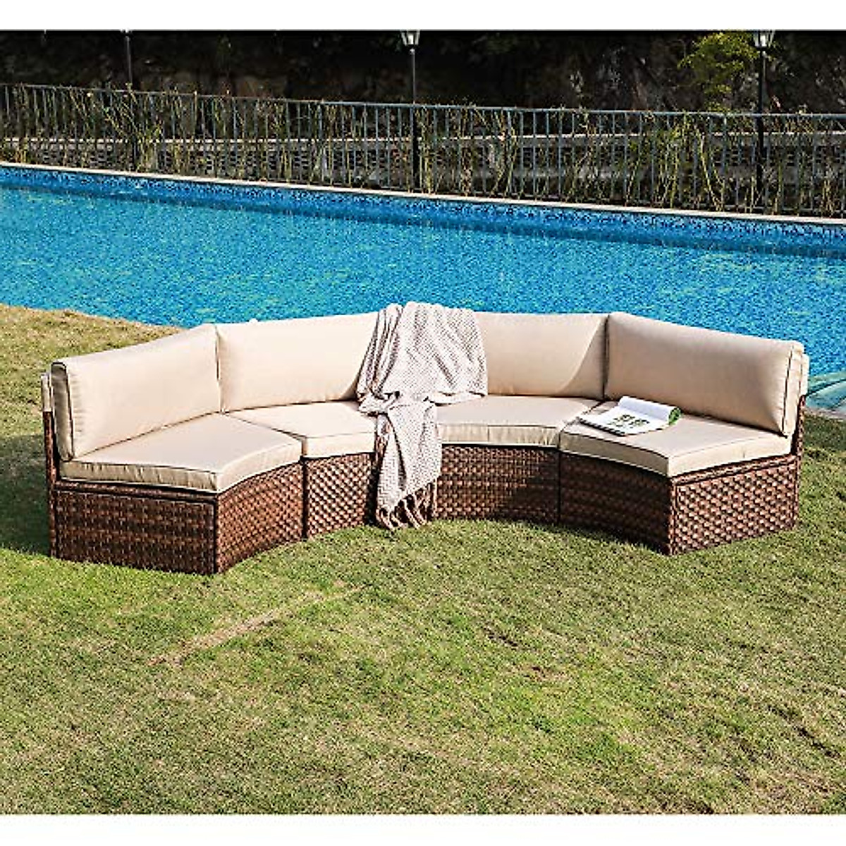 SUNSITT 4-Piece Outdoor Half-Moon Sectional Wicker Sofa Set Patio Furniture, Brown PE Rattan and Beige Cushions