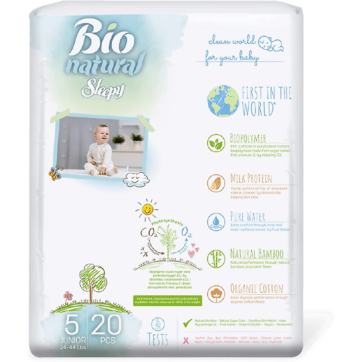 SOHO, Bio-Natural Sleepy Baby Diapers, Made from Organic Cotton and Bamboo Extract, Ultimate Comfort and Dryness, Wetness Indicator, Comes with The Baby Wipes, (5 Junior 24-44 Lbs Count- 20 PCs)