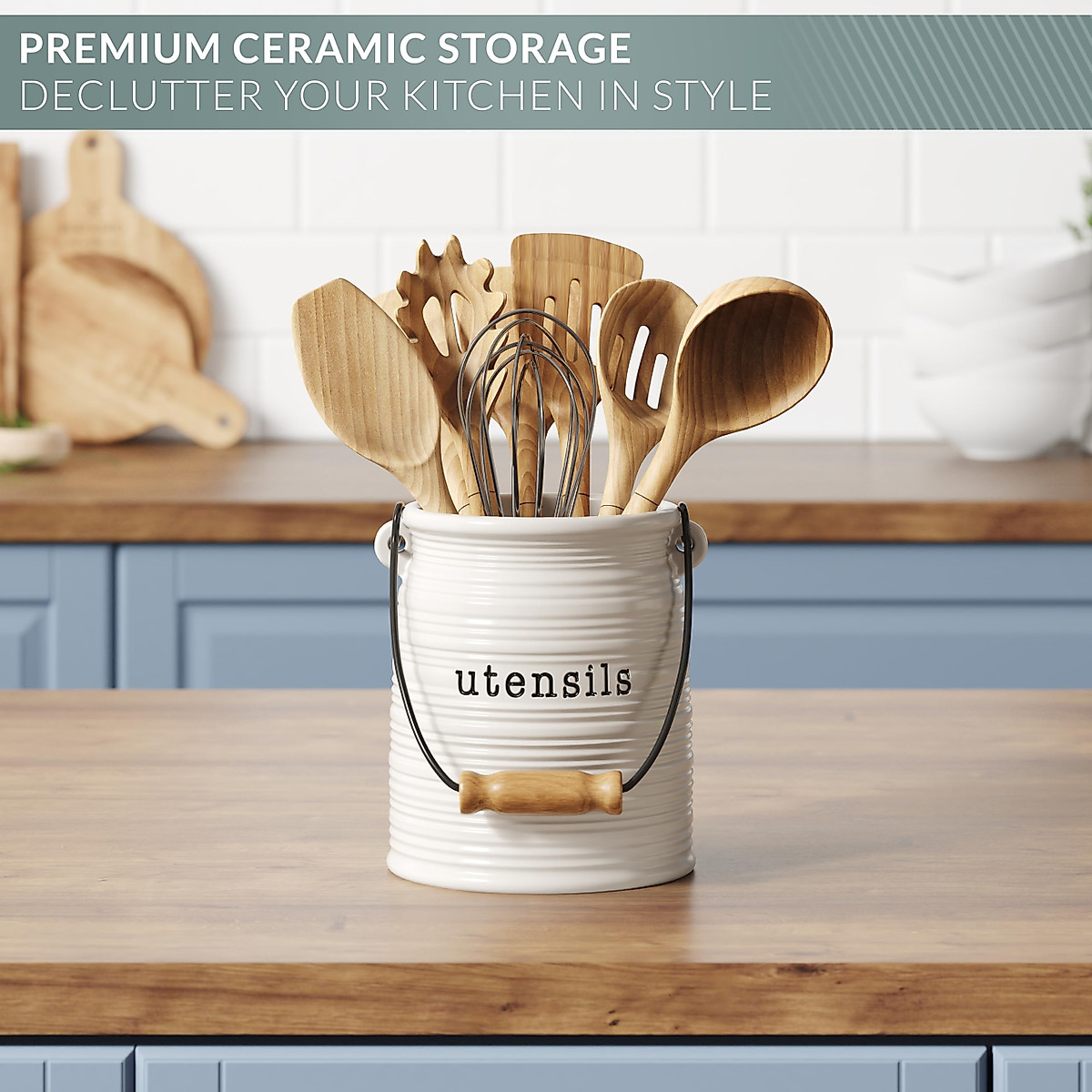 Barnyard Designs Ceramic Farmhouse Kitchen Utensil Holder for Countertop, Decorative Kitchen Utensil Holder, Large Kitchen Utensil Holder for Kitchen Counter, Utensil Crock Spatula Holder, 6" White