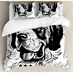 Ambesonne Man Cave Duvet Cover Set, Vintage Sketch of Saint Bernard Rolling a Keg of Brandy Whiskey Stars Retro, Decorative 3 Piece Bedding Set with 2 Pillow Shams, Queen Size, Black