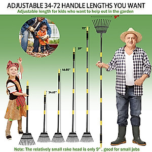 Coopvivi Garden Leaf Rakes, 6FT Rakes for Lawns Heavy Duty 11 Metal Tines 9 inch Wide, Adjustable Long Steel Handle, Small Shrub Rake, Gathering Leaves (Black)