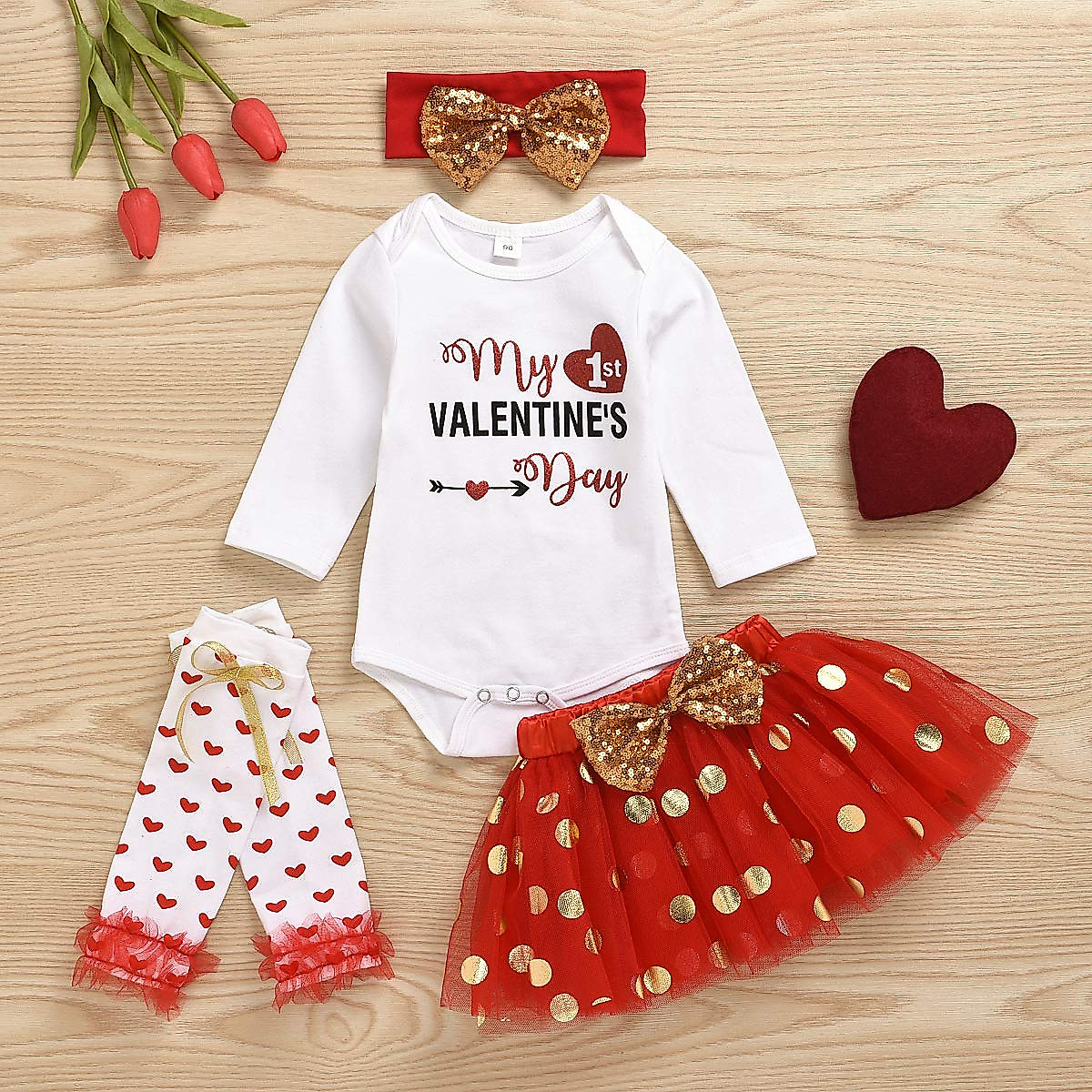 XFGLCK Newborn Baby Girls Valentine’s Day Outfit Letter Print Bodysuit Romper +Tutu Skirt +Leg Warmers+ Headband Clothes Set (Skirt outfit red, 0-3 Months)