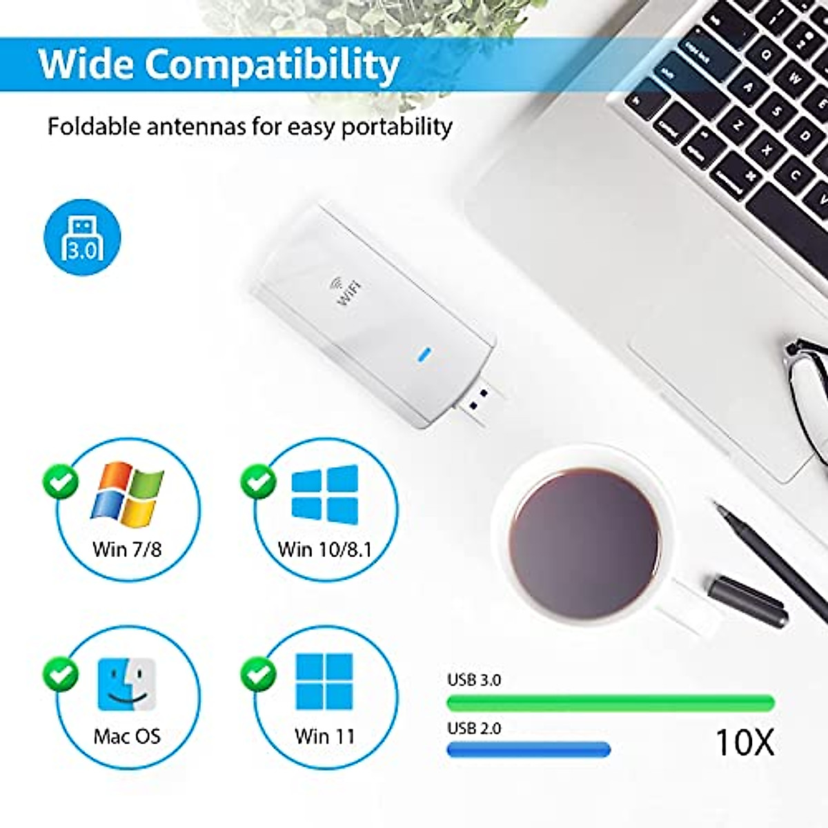 USB WiFi Adapter 1300Mbps USB 3.0 WiFi Dongle Dual Band WiFi Wireless Network Adapter for Desktop Laptop PC, Supports Windows 11/10/8.1/8/7, Mac OS 10.9-10.15, Dual 5dBi High Gain Antennas