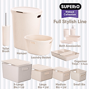 Superio Ribbed Collection - Eco-Friendly Decorative Plastic Laundry Hamper with Lid and Cut-Out Handles, (1 Pack) Basket Organzier for Bedroom Bathroom College Dorm Room 40 Liter