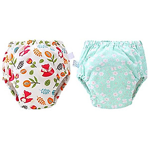 2pcs Breathable Cloth Bag Cotton Washable Nappy Leak Proof Cloth Diaper - Size S(1pc Green Flower, 1pc Fox)