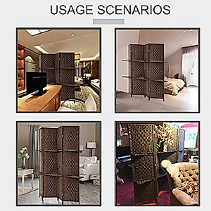 Room Divider 4 Panel Room Screen Divider Wooden Screen Folding Portable Partition Screen Wood with Removable Storage Shelves Color,Brown