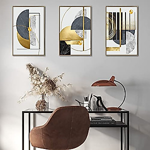 3Pcs Large Size Canvas Wall Art, Grey Black and Gold Foil Wall Decor, Nordic Luxury Gold Framed Painting Print, Abstract Geometric Art Poster for Living Room Bedroom Home Hallway Decor 16 * 24 Inch