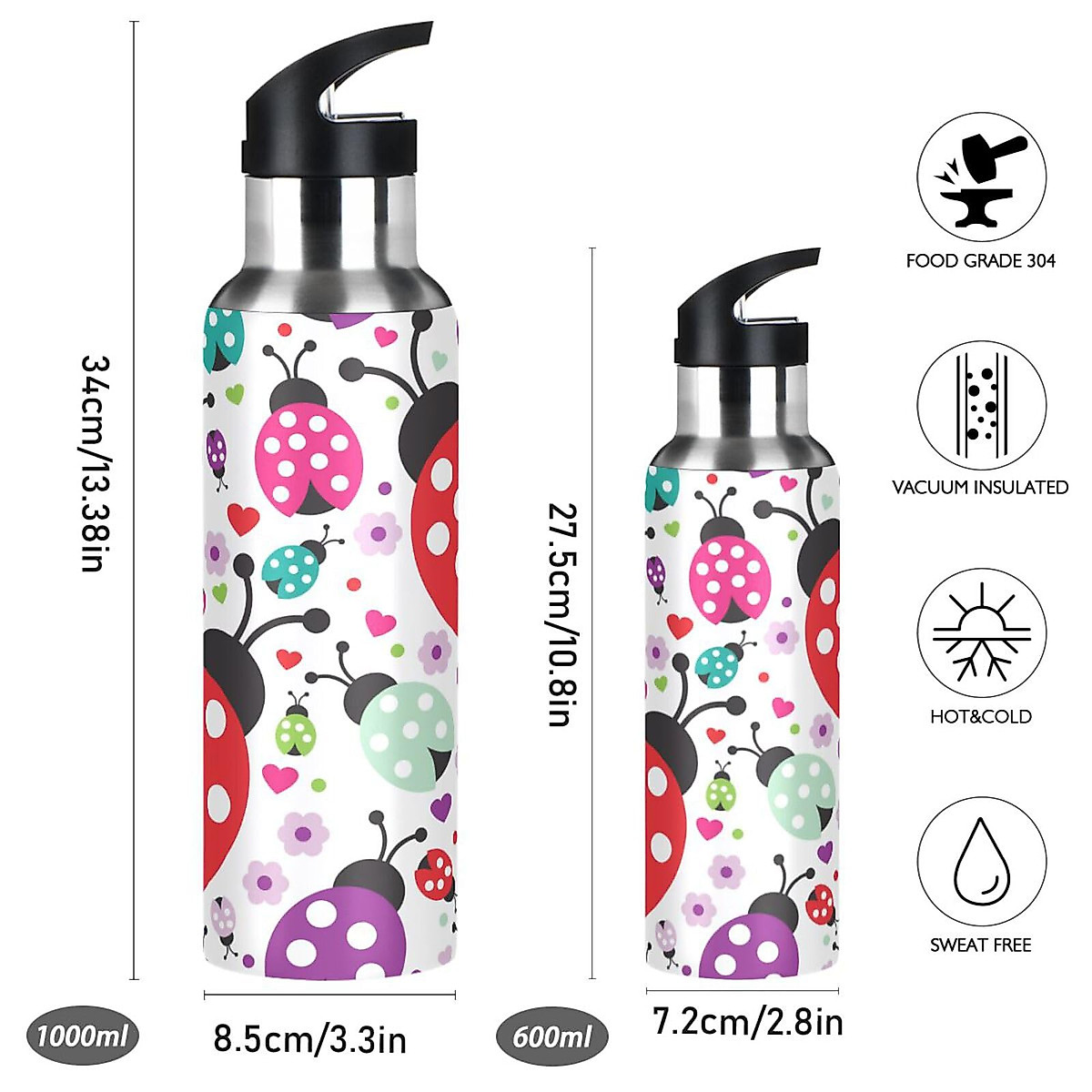 KEEPREAL Ladybug Water Bottle with Straw, 22 OZ Sports Water Bottle BPA Free Stainless Steel Water Jugs for Gym, Travel, Working, Outdoor