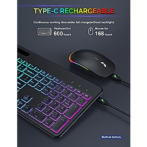 Wireless Keyboard and Mouse with 15 Backlit Effects, Rechargeable Keyboard Mouse Combo with Phone Holder, 2.4G Lag-Free, Silent Light Up Keyboard & Mouse Set for Windows, Mac, PC, Laptop -by SABLUTE