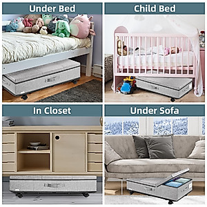 Supowin Under Bed Storage with Wheels, Rolling Underbed Storage Containers with Lids, Under Bed Shoe Storage Bins Organizer with Reinforced Metal Bottom Support and Three Handles, 2 Pack Grey