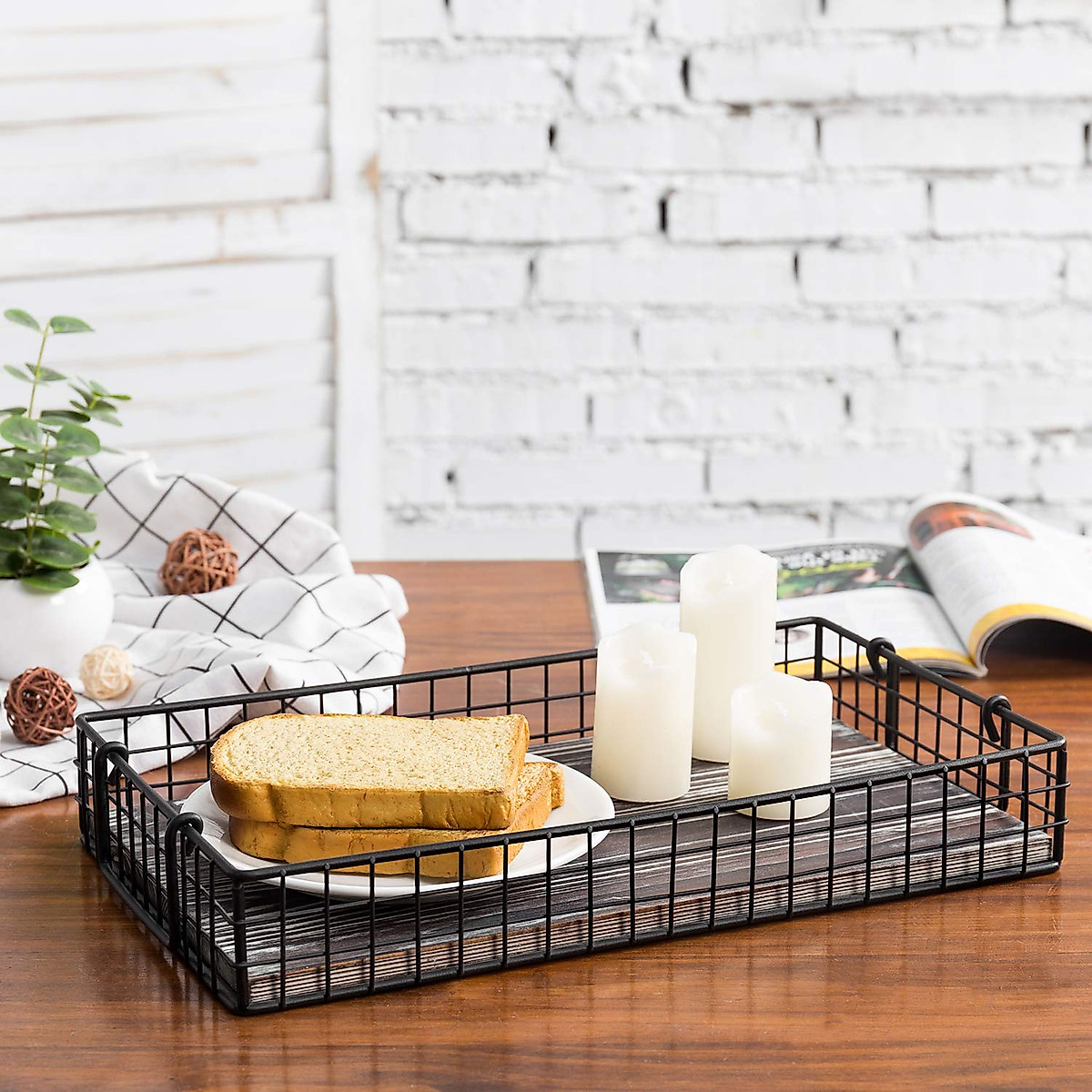 MyGift Black Metal Large Serving Tray, Wire Basket Style Nesting Ottoman Trays with Burnt Wood Base and Handles, Set of 2